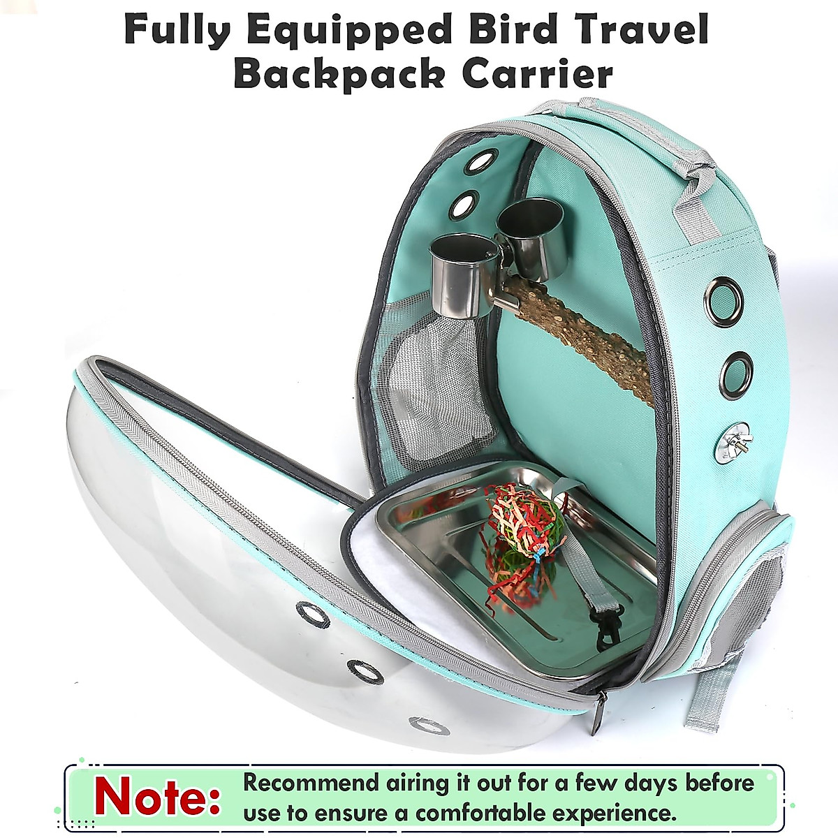 Bird Carrier Backpack Travel Cage with Perch, Breathable Clear Parrot Cockatiel Cage with Toy Stainless Steel Food Bowl Tray for Conures Parakeet Budgie Canary Lovebirds, Small Animal Pet Carrier Bag