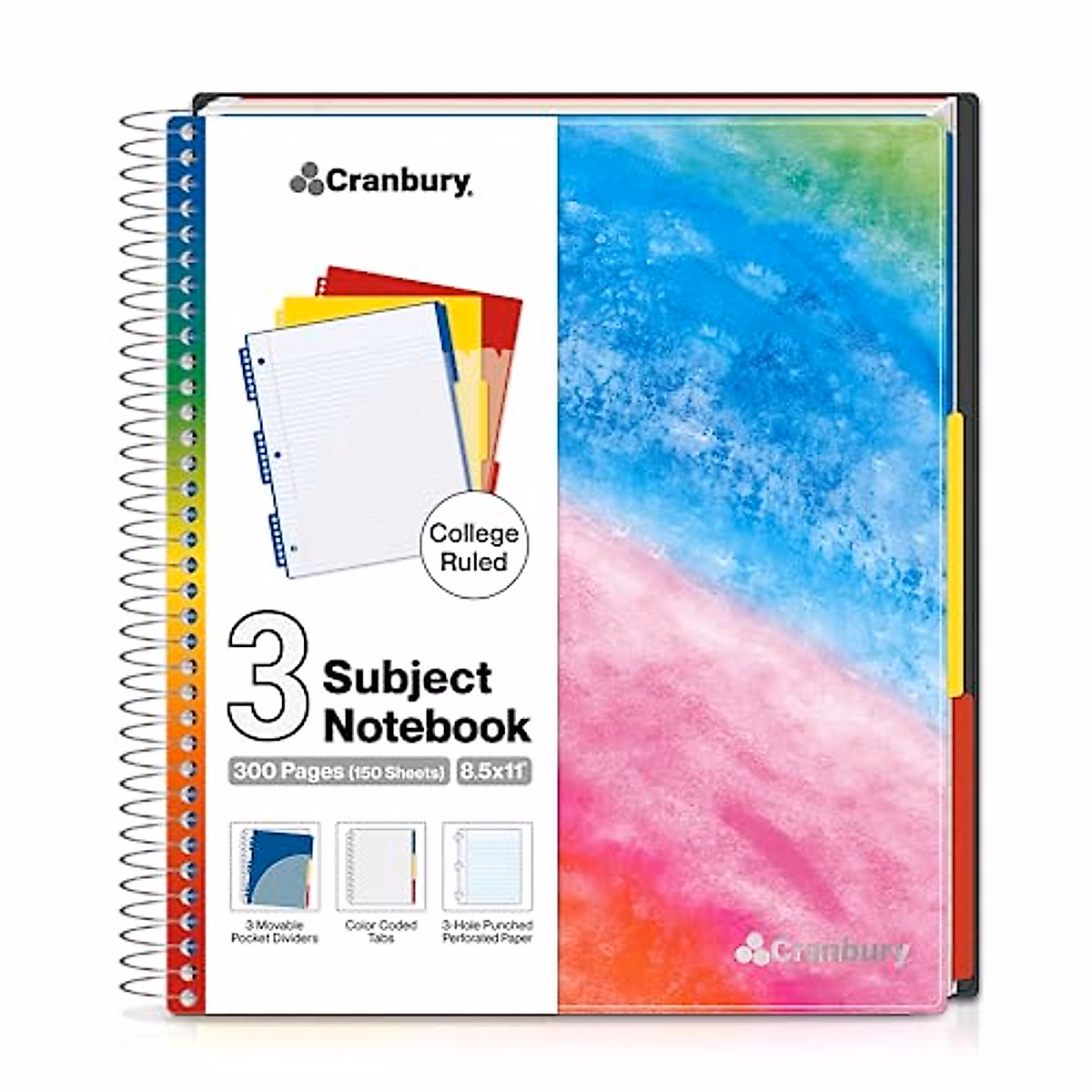 CRANBURY 3-Subject Notebook College Ruled - 300 Pages (150 Sheets) Spiral Notebook 8.5 x 11 with Pockets, Dividers, Tabs, Dual Plastic Covers, School Supplies Multi Subject Notebook