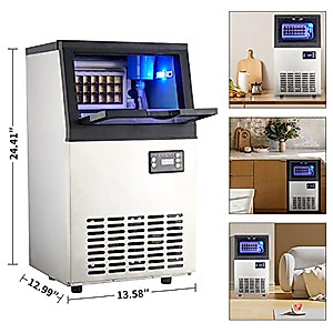CMICE Commercial Ice Maker Machine,100lbs/24H Stainless Steel Under Counter ice Machine, Full Heavy Duty Stainless Steel Construction, Include Water Filter, Scoop, Connection Hose…