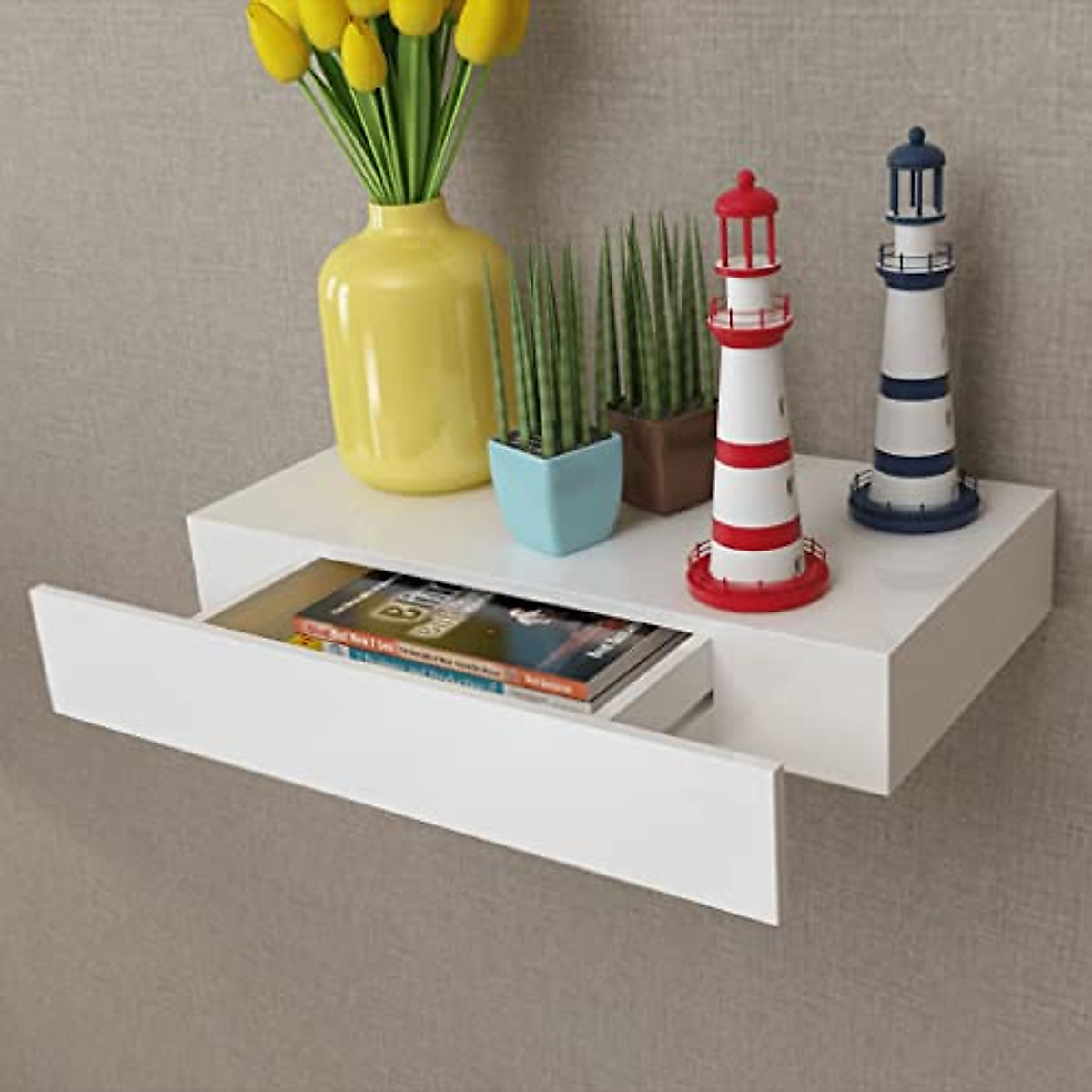 OnlineGymShop CB19469 MDF Floating Wall Display Shelf 1 Drawer Book & DVD Storage44; White