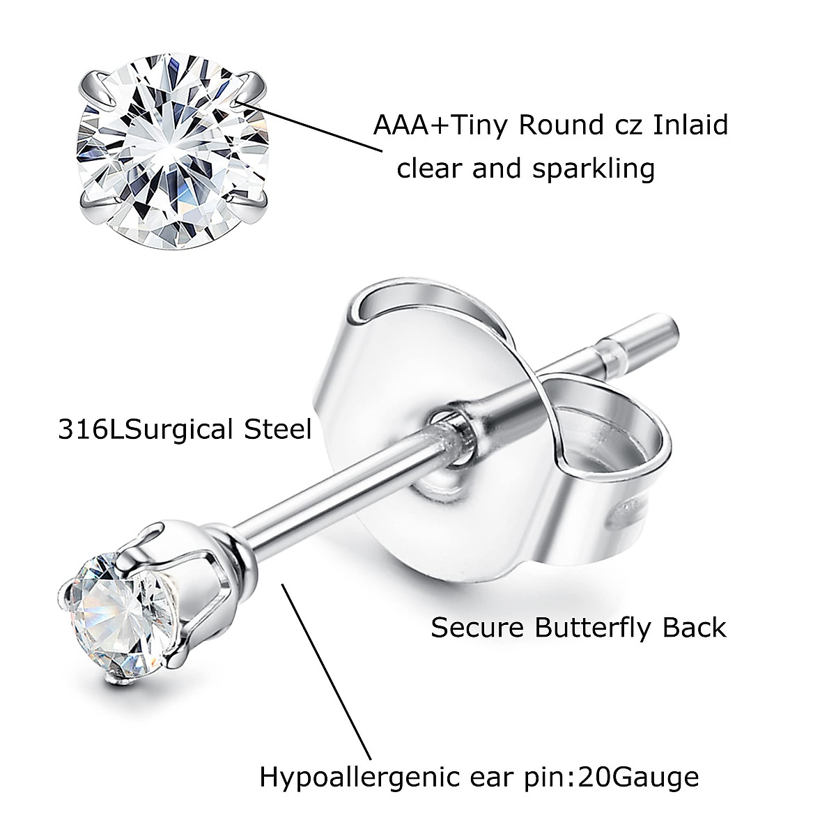 LOLIAS 18 Pairs Tiny Stud Earrings Small Stainless Steel Cartlidge Ear Studs Set for Multiple Piercing Hypoallergenic 2MM CZ Earrings for Men Women Mini Round Ball Earrings