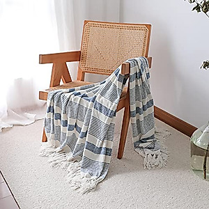 Boho Farmhouse Woven Navy and Ivory Chenille Throw Fringe 50 x 60 Blanket Blue and White Striped, Velvety Decorative Textured Throw, Soft Cozy Blanket with Tassels for Couch, Bed, Sofa, Office