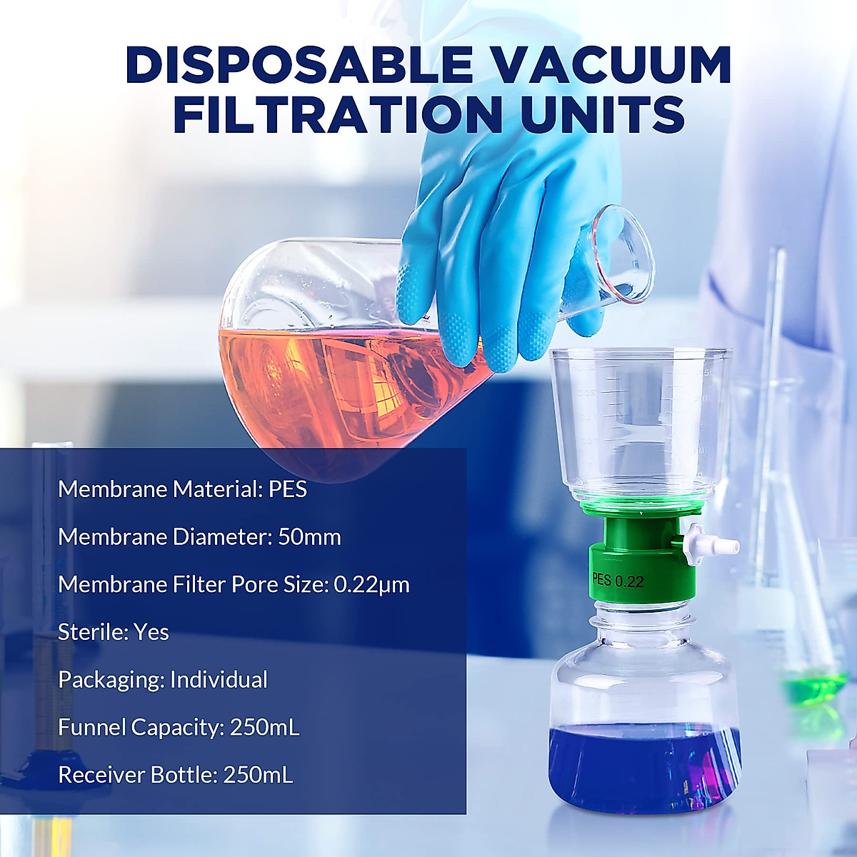 Membrane Solutions Sterile Disposable Vacuum Filter Units with 0.22um PES Membrane, 250mL, 4/CS