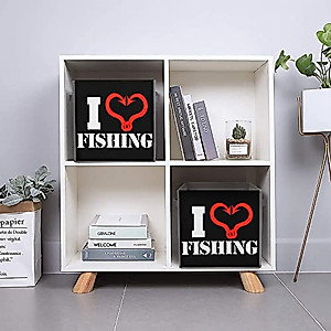 I Love Fishing Hook Foldable Storage Bins Printd Fabric Cube Baskets Boxes with Handles for Clothes Toys, 11x11x11