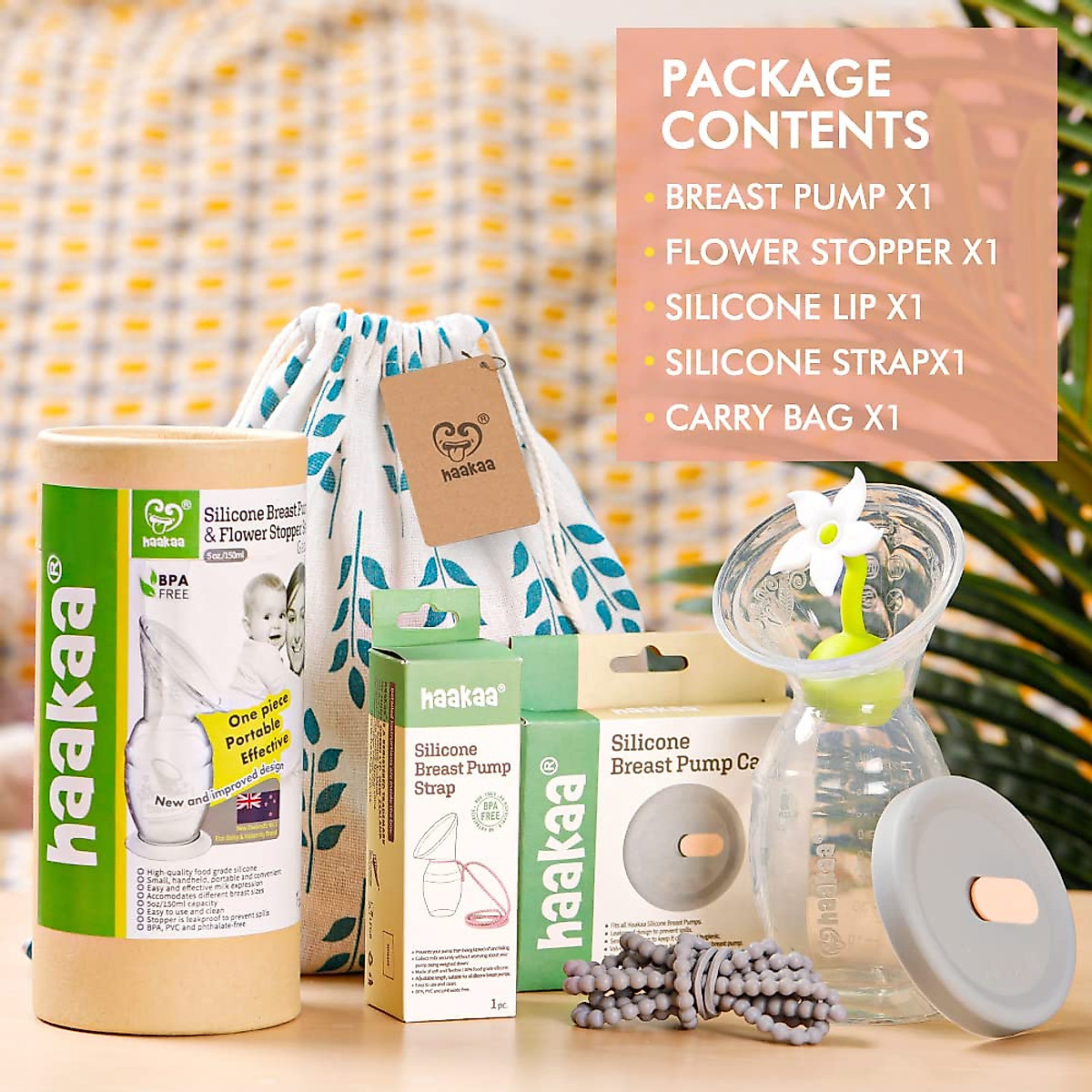 haakaa Manual Breast Pump 150ml with Flower Stopper, Silicone Lid & Silicone Strap Set Breastfeeding Essentials