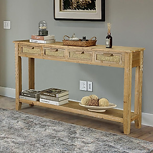 Wnutrees Farmhouse Console Table with 4 Rattan Drawers, 60" Long Narrow Boho Foyer Sofa Tables with Open Storage Shelves for Entryway,Hallway,Living Room, Natural