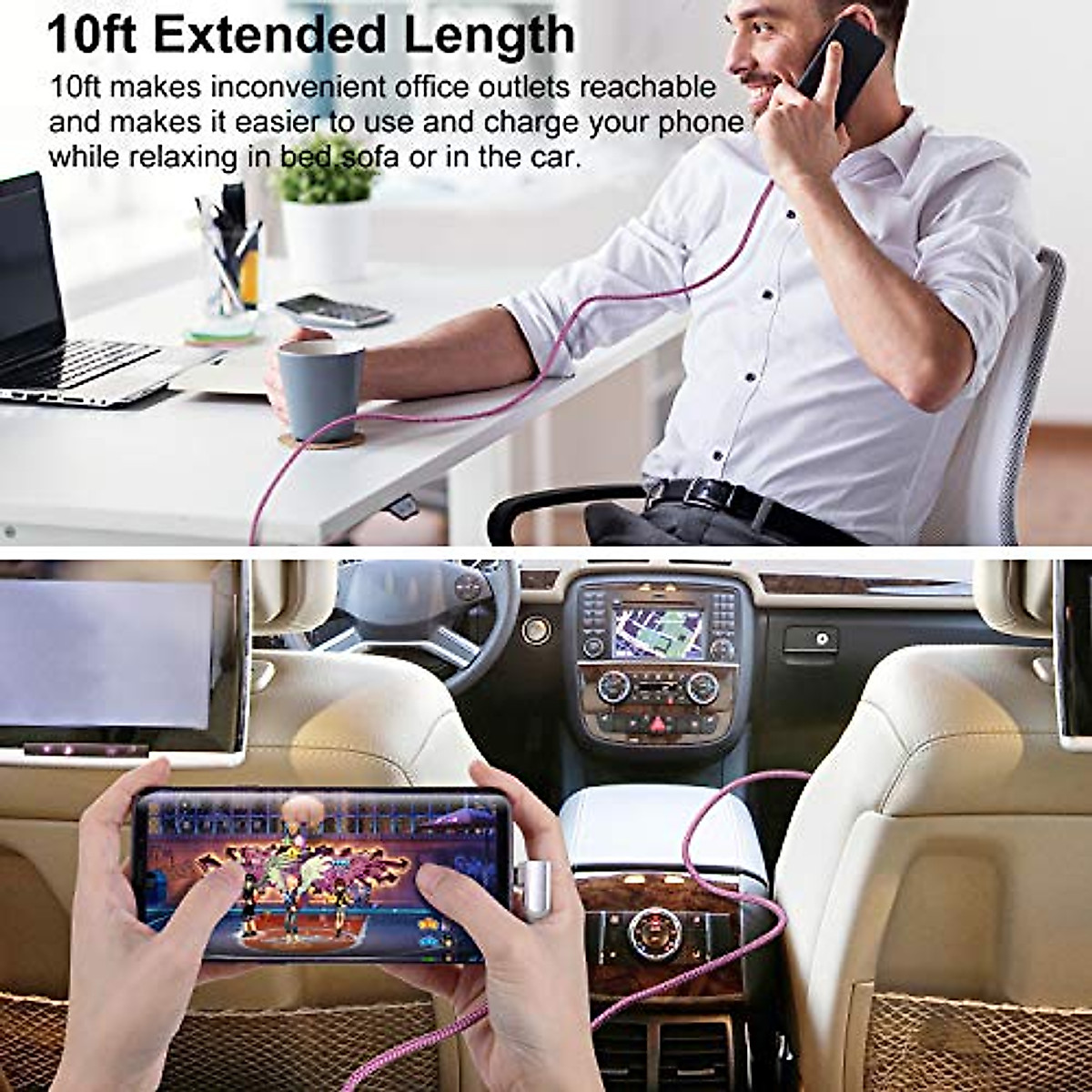 USB Type C Cable Fast Charging [3Pack,10ft],Pofesun USB C Cable Right Angle 90 Degree USB A to Type C Fast Charger Compatible for Samsung S22+Ultra S21 S20 S10 S9 Plus Note 20 10-Purple,Green,Rose