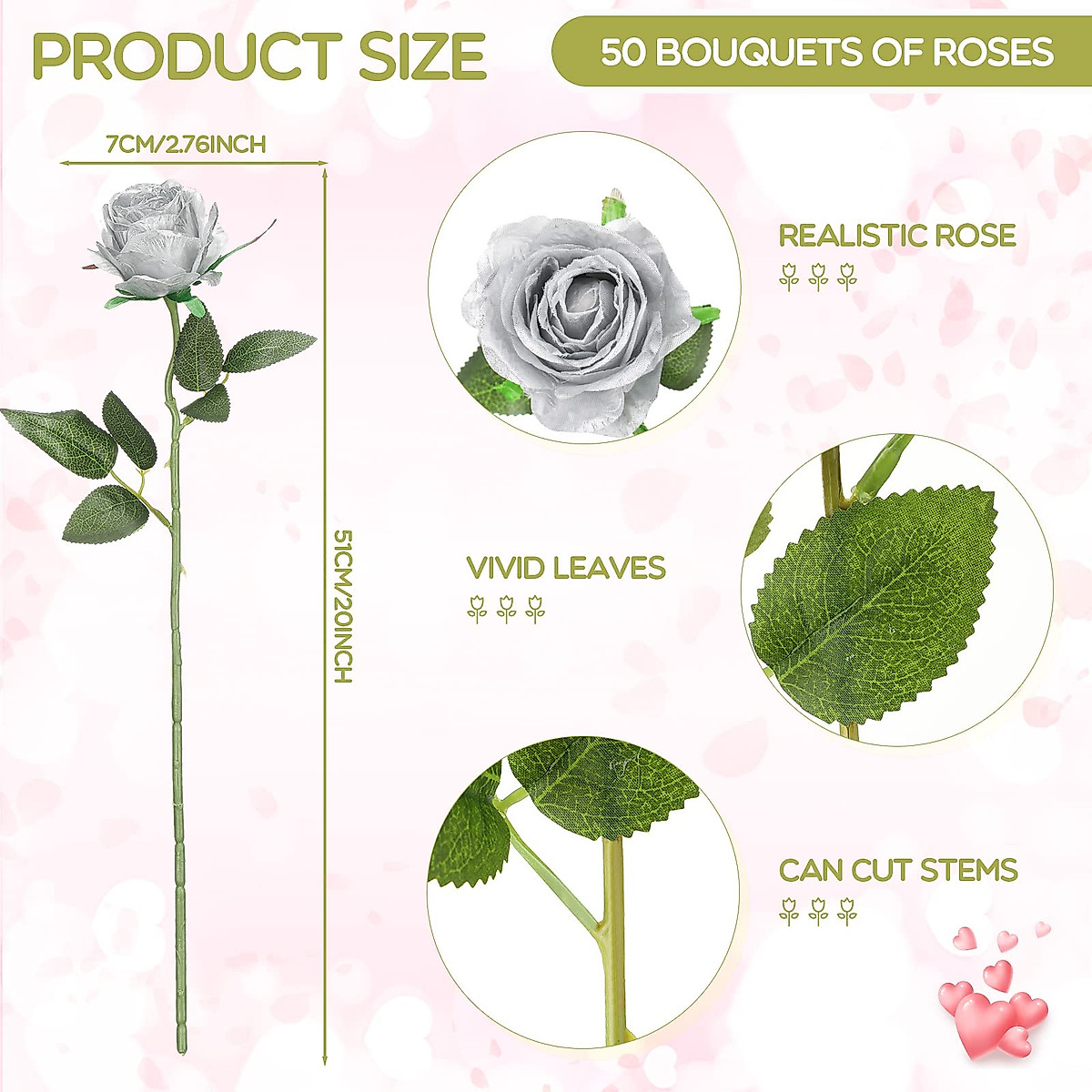 50 Pcs Artificial Rose Flower Realistic Silk Roses with Stem Bouquet of Flowers Plastic Flowers Real Looking Fake Roses for Home Wedding Centerpieces Party Decorations (Silver)