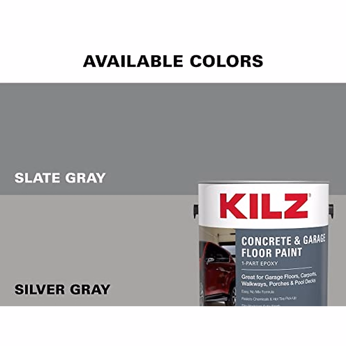 KILZ 1-Part Epoxy Acrylic Concrete and Garage Floor Paint, Interior/Exterior, Satin, Silver Gray, 1 Gallon