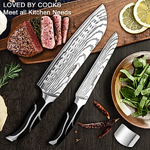 Santoku Knife Ultra Sharp Kitchen Chef Knife Set, Professional Japanese Knife Made of German High Carbon Steel ,7-Inch chopping Knife with Finger Guard, Ergonomic Handle, Comes with Gift Box (2PCS)