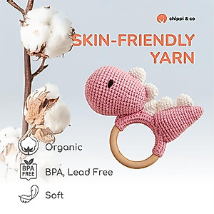 Chippi & Co Wooden Crochet Baby Rattle, Crochet Toys Stuffed Animals Easter Gifts for Kids, Newborn Toys, Unique Easter Basket Stuffers, Basket Filler, Cute Baby Shower Decor (Didi The Pink Dinosaur)