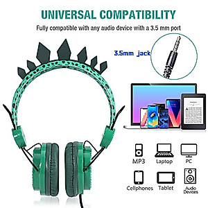Kids Headphones Boys, Wired Dinosaur Headphones w/Mic 3.5mm Jack & Adjustable Headband & Tangle-Free Cord, Over On Ear Headset for School Birthday Xmas, w/1pc Dinosaur Party Bag, Green