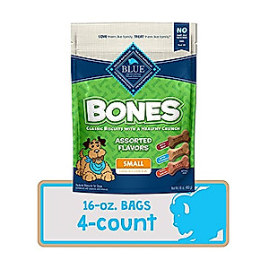 Blue Buffalo Bones Natural Crunchy Dog Treats, Small Dog Biscuits, Assorted flavors- Beef, Chicken or Bacon (16-oz bag, 4 count)