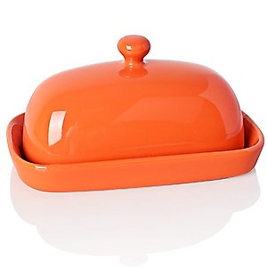 Sweejar Ceramics Butter Dish with Lid, Butter Keeper Container, East/West Coast Butter, 7 inches (Orange）