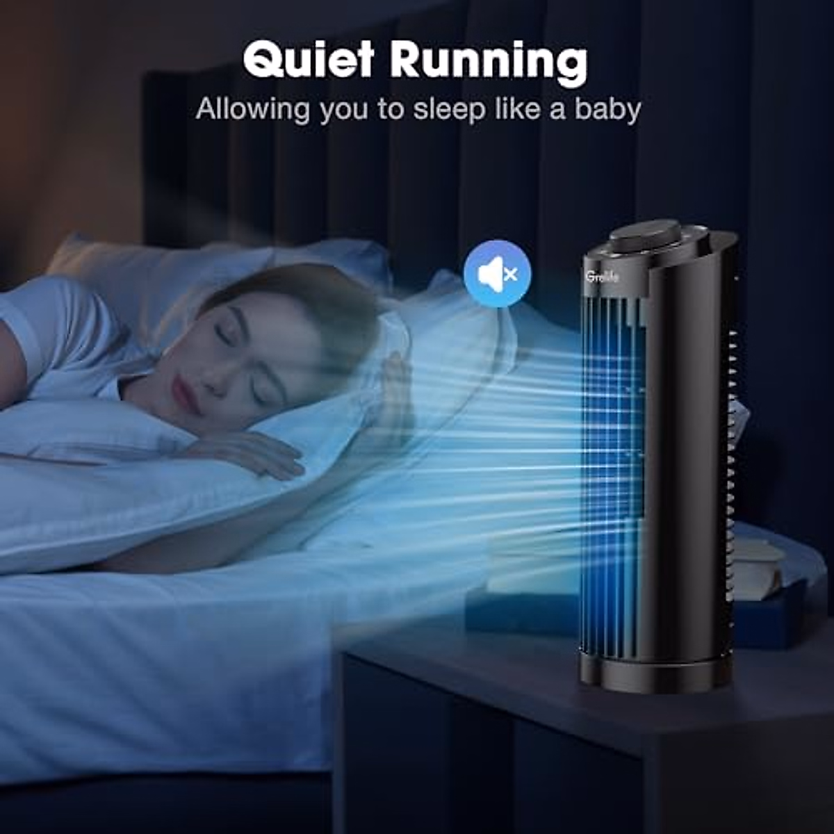 Grelife Tower Fan, 70° Oscillating Fan with 3 Speeds, Fast Cooling, Quiet Operation, Portable Bladeless Fan, 13" Desk Tower Fan for Bedroom Home Office Desktop