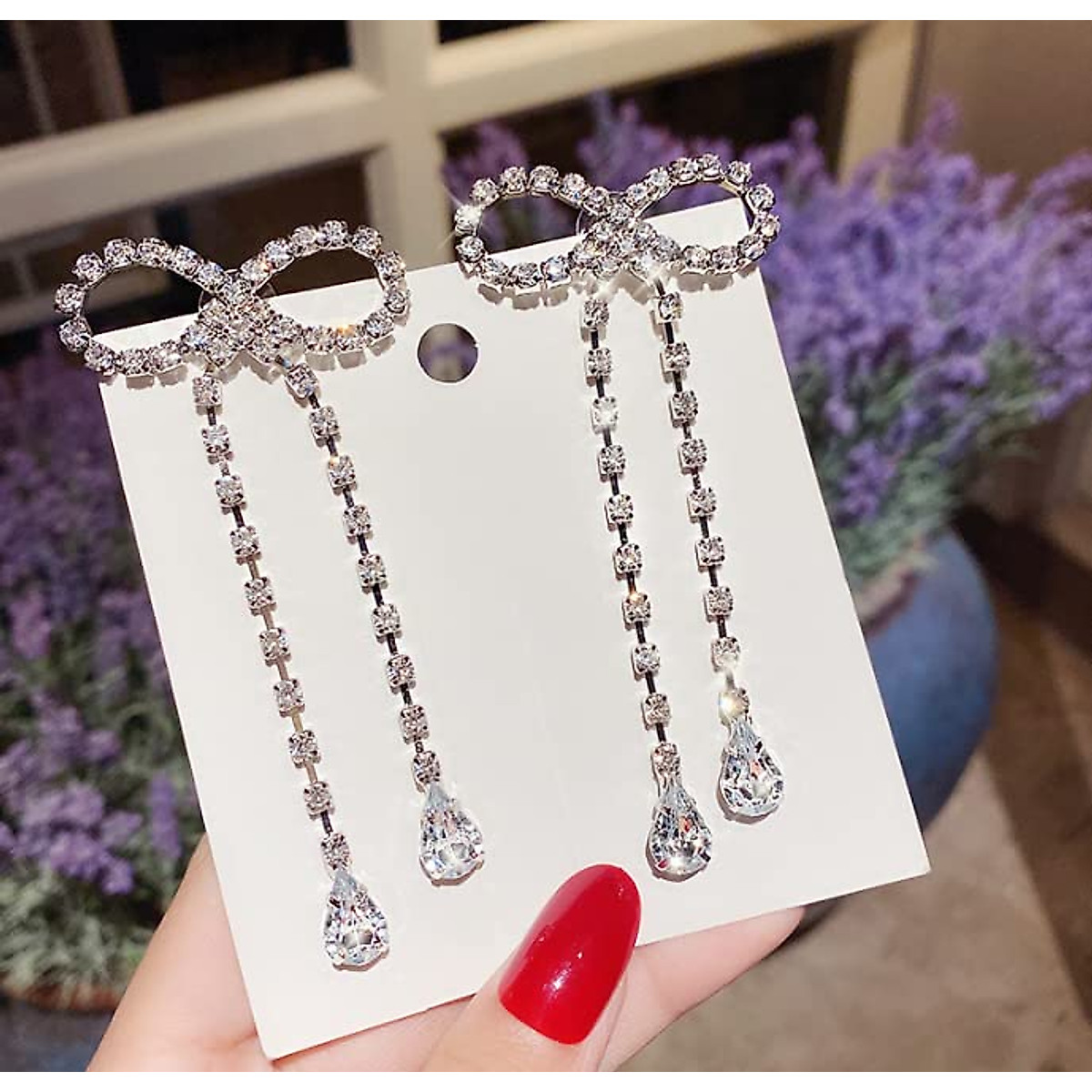 LAKIYOYO Rhinestones Bow Drop Earrings for Women Crystal Silver Bowknot Tassels Statement Earrings Lightweight Shiny Bar Earrings Set Jewelry