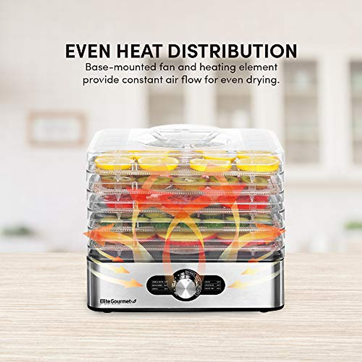 Elite Gourmet EFD3321 Food Dehydrator, Stainless Steel Trays Adjustable Temperature Controls, Jerky, Herbs, Fruit, Veggies, Dried Snacks, Stainless Steel