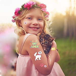 Konsait 50pcs Cat Glitter Temporary Tattoos for Kids Tattoos Temporary for Cat Birthday Party-Waterproof Fake Tattoos for Birthday Party Goodie Bags Stuffers Party Fillers