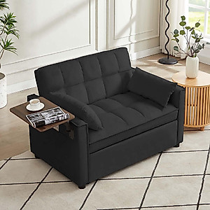 Antetek 3 in 1 Convertible Sofa Bed w/360° Rotating Side Table, 47" Modern Velvet Loveseat Sofa, Small Sleeper Pullout Bed w/Adjustable Backrest for Living Room Apartment, Office, Small Space, Black