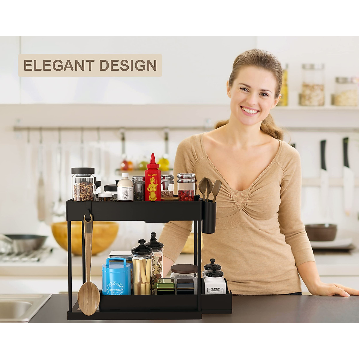 SLAH Pack of 2 Under Sink Organizers and Storage for Bathroom - 2 Tier Undersink Storage with Sliding Drawer and Hanging Hooks - Multi-purpose Organization for Kitchen Sink Organizer Under Cabinet