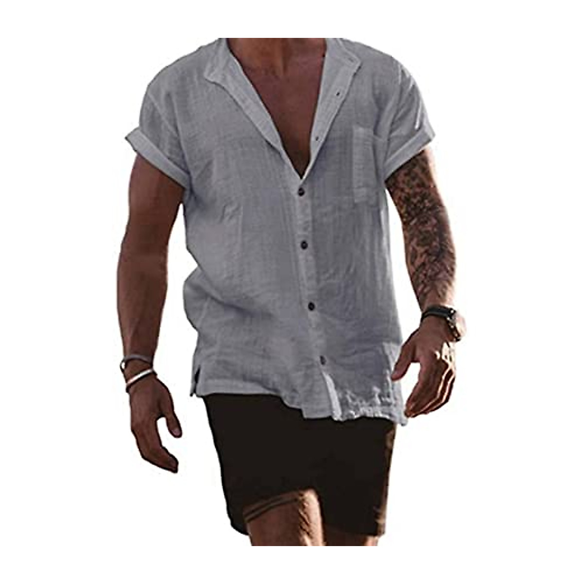 MBETA Cotton and Linen Solid Color Cardigan Loose Short Sleeve Shirt Suitable for Summer Menswear