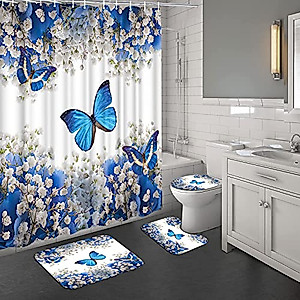 AtGoWac 4 Pieces Flower and Butterfly Shower Curtain Sets with Rugs, Romantic Blue Butterfly Shower Curtain