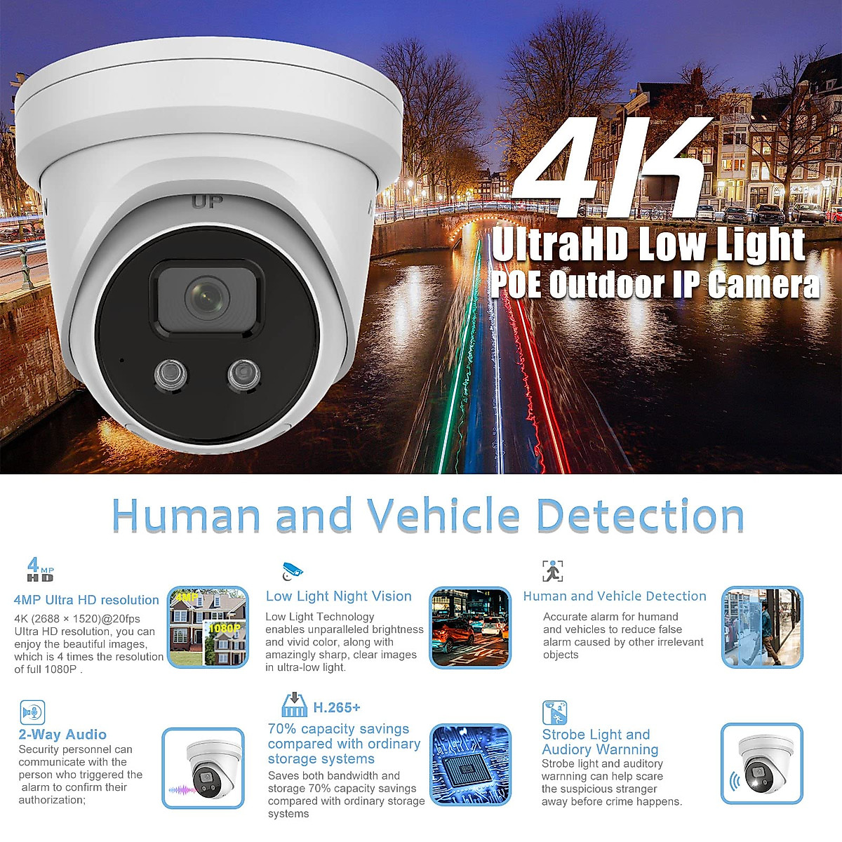 HITOSINO 4MP PoE IP Camera - 2.8mm, Strobe Light and Audible Warnning,WDR,H.265+,IP67,Built-in Two-Way Audio,Human and Vehicle Detection