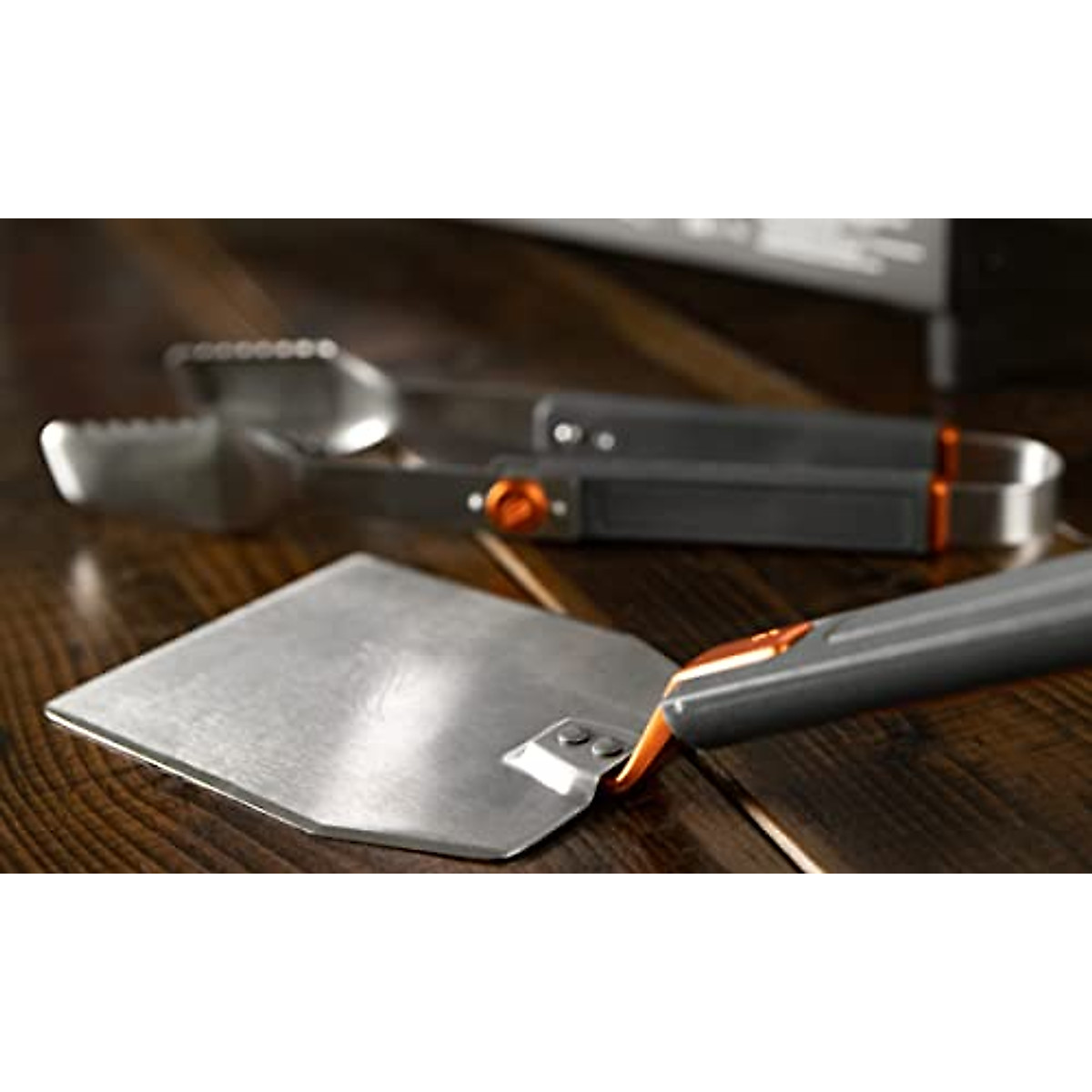 Blackstone 5294 Foldable 2 Piece Hamburger Spatula Flipper and 1 BBQ Tong-Flex Fold Model Stainless Steel-Easy to Carry and Clean Griddle Accessories Tool Set, Black, Orange