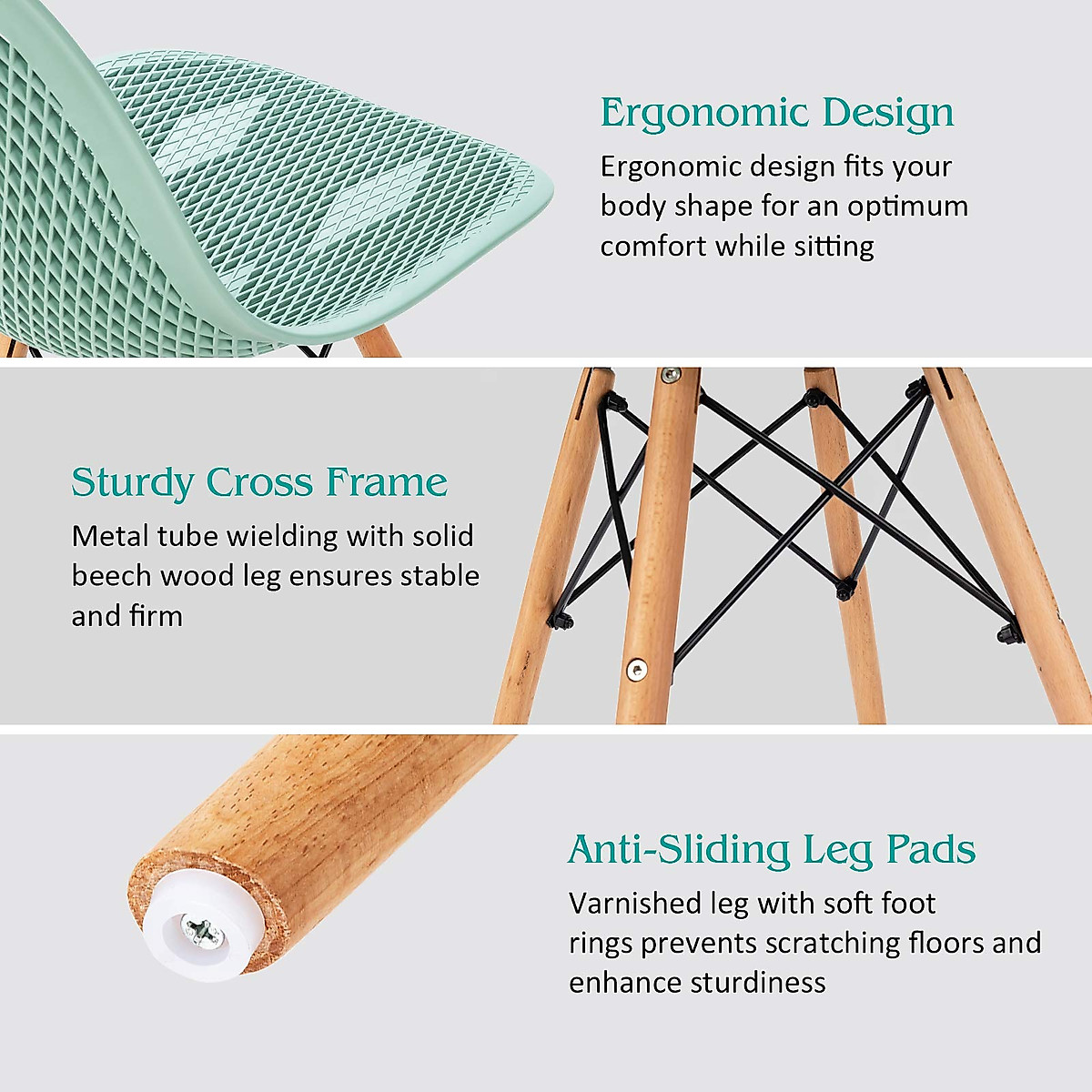 KOTEK Set of 4 Dining Chairs, DSW Molded Shell Plastic Side Chairs with Mesh Design, Solid Wood Legs, Mid-Century Modern Armless Side Chairs for Kitchen, Dining Room, Living Room (Green)