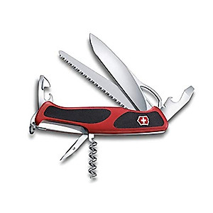 Victorinox Ranger 79 M Grip Swiss Army Knife, 12 Functions, Swiss Made Pocket Knife with Wood Saw, Large Lock Blade and Toothpick - Red/Black