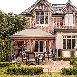 11'x11' Patio Gazebo 2-Tier Outdoor Pop up Canopy Tent with Netting Sidewalls Brown