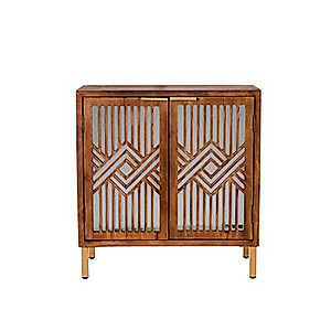 LONYKE Mid Century Modern Dresser, 2 Door Accent Cabinet Woven with Mirror Fronts Clean-Lined Silhouette, Natural