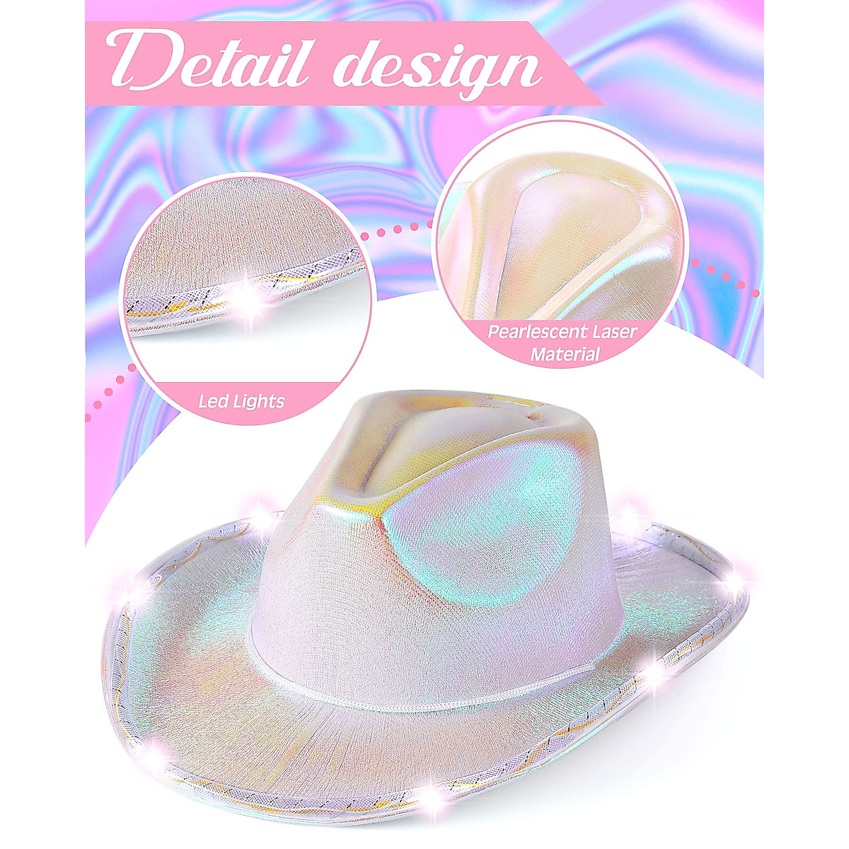 Jecery 12 Pcs Light Holographic Space Cowgirl Hat and Heart Shape Sunglasses LED Rave Cowboy Hat Rimless Heart Sunglasses for Teens Adult Party, White