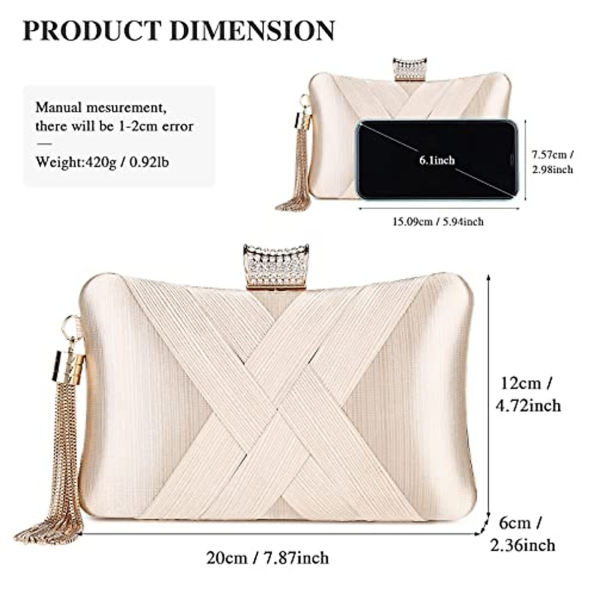 Tanpell Women's Evening Clutch Bags Silk Satin Party Handbags Bridal Wedding Purses with Tassel Pendant Light Apricot