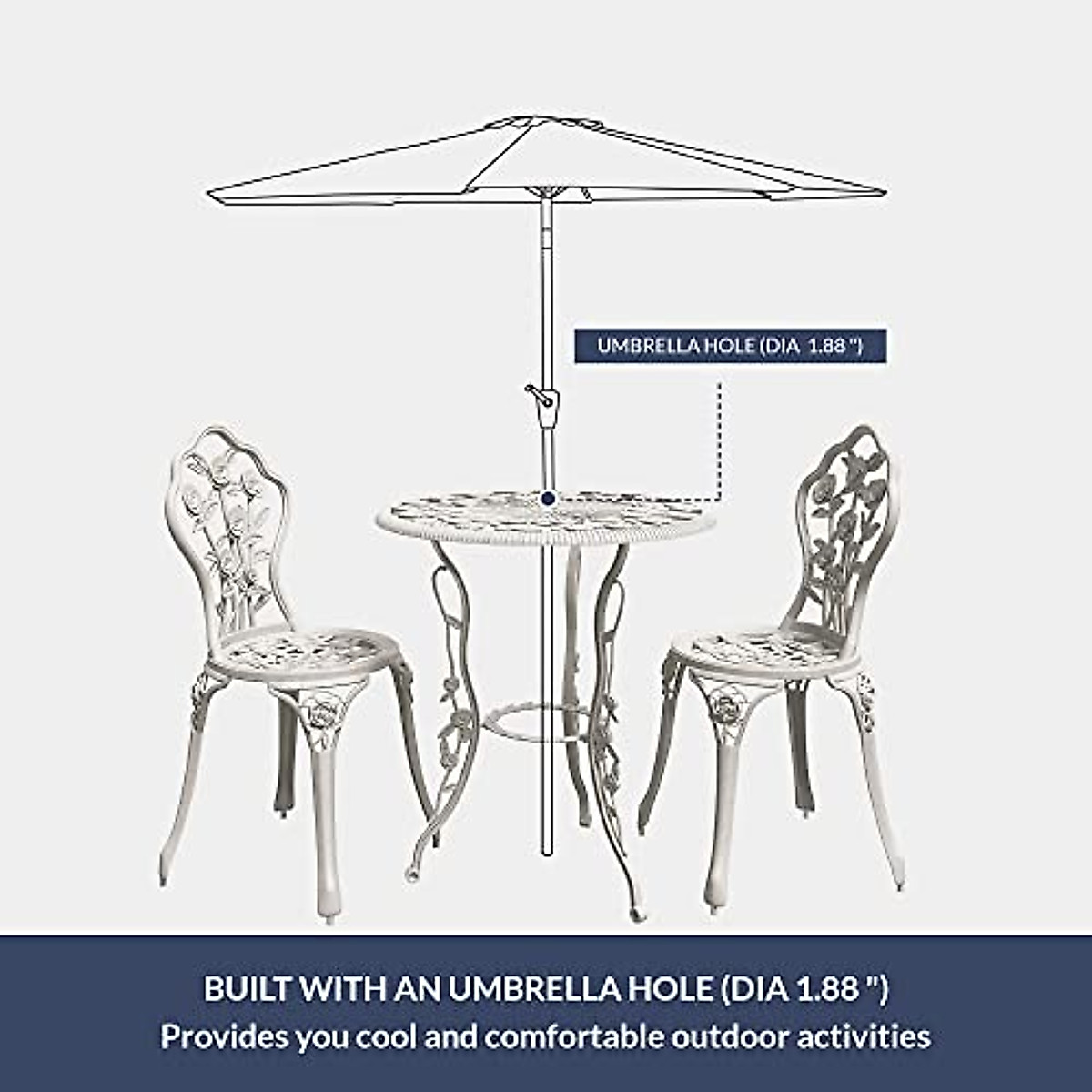 BELLEZE 3 Piece Bistro Set, Aluminum Bistro Table Set Outdoor Bistro Set, Weather-Resistant Garden Table and Chairs Wrought Iron Patio Furniture for Balcony Backyard, Rose Design - White