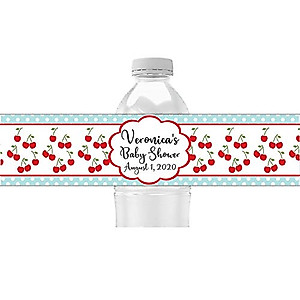 Cherry Pattern Water Bottle Labels, Pack of 25 Personalized Peel and Stick Waterproof Wrappers for Birthday Party Favors