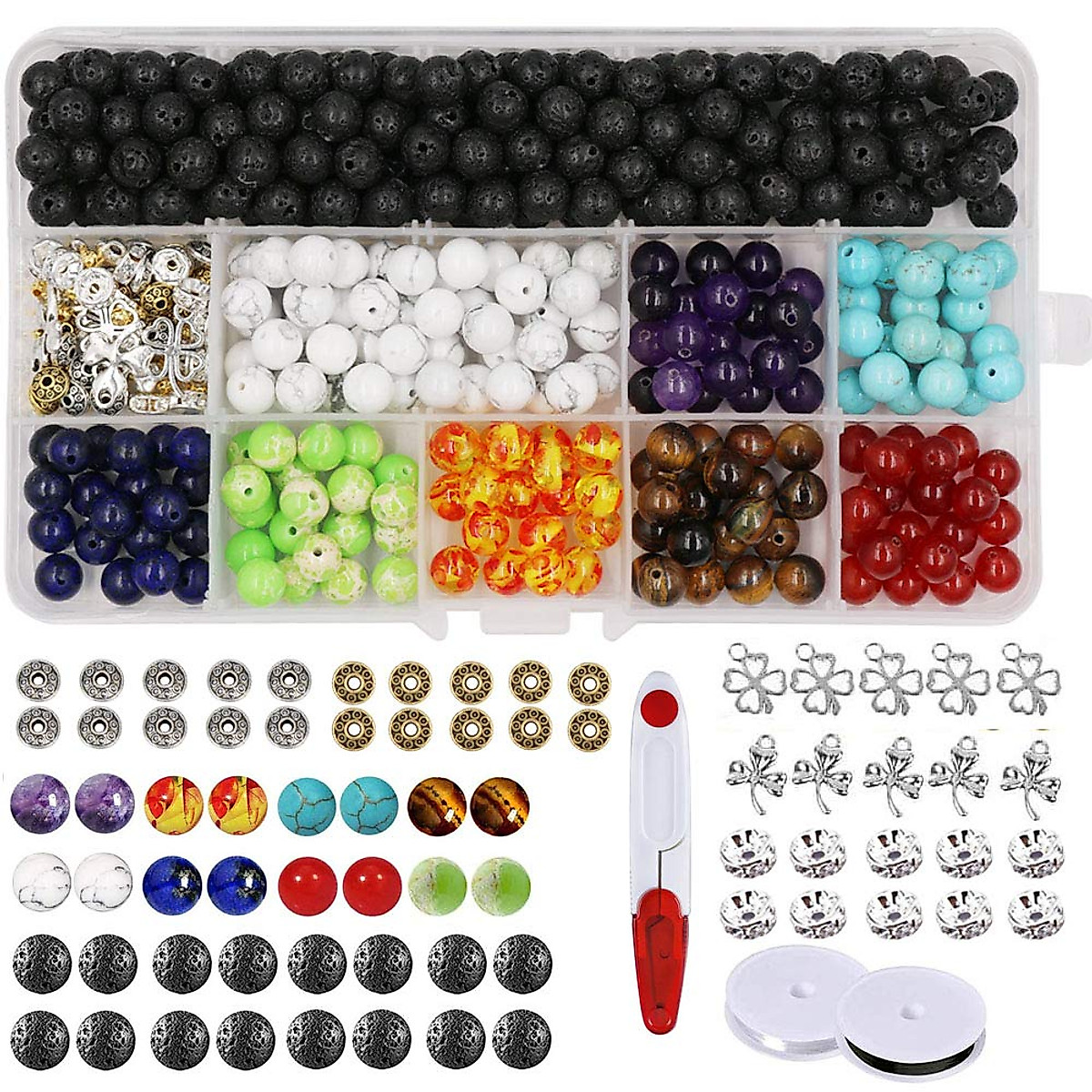 Geemfi 300pcs Chakra Bead Lava Bead Stone Beads Kits Chakra Bracelet Kits for Necklace Earring Bracelet with 1 Scissors 2 Roll Elastic Stretch String 50pcs Pendant Accessories