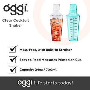OGGI Clear Cocktail Shaker - 24 oz / 700 ml, Clear Durable Plastic Construction, Built in Strainer - Ideal Home Bar Drink Mixer, Bartender Kit, Essential Bar Accessories, Clear