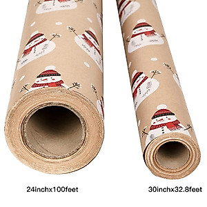 RUSPEPA Christmas Wrapping Paper, Kraft Paper - Christmas Design with Snowman - 24 inches x 100 feet, Jumbo Roll