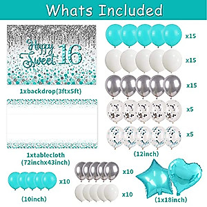 Sweet 16 Birthday Decorations--Teal 16th Birthday Decorations for Girls,Sweet 16 Backdrop ,Sweet 16 Birthday Sash ,Teal Blue Balloons Garland Kit and Teal Dot Disposable Tablecloth