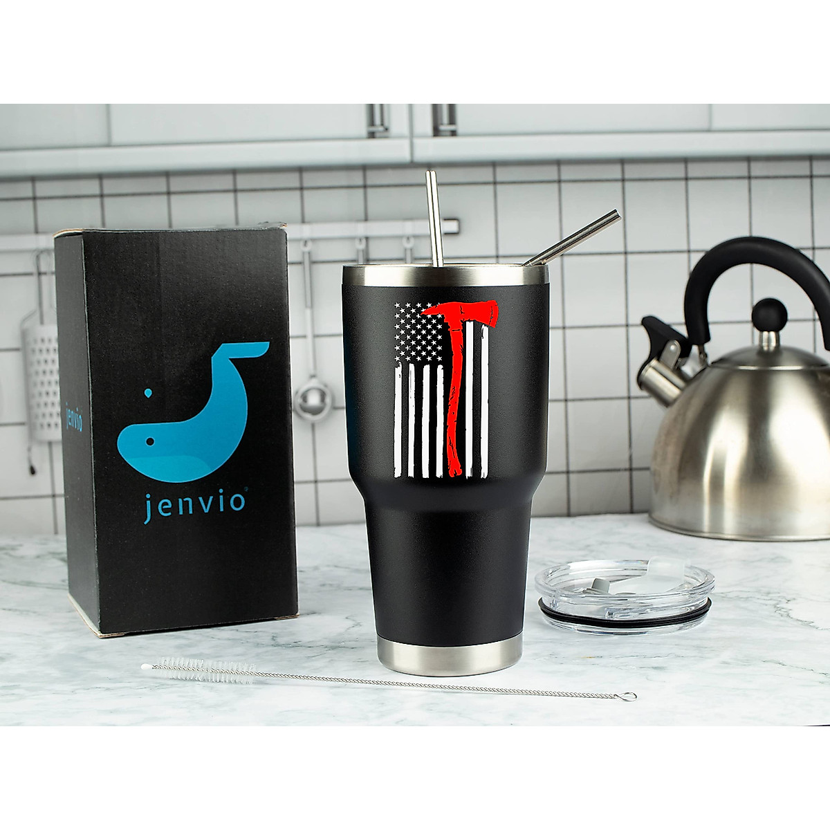 JENVIO Firefighter Gifts for Men | Stainless Steel Travel Tumbler/Mug with Two Lids and Gift Box | Thin Red Line Flag Design for Fireman Gift | Christmas Department | First Responder