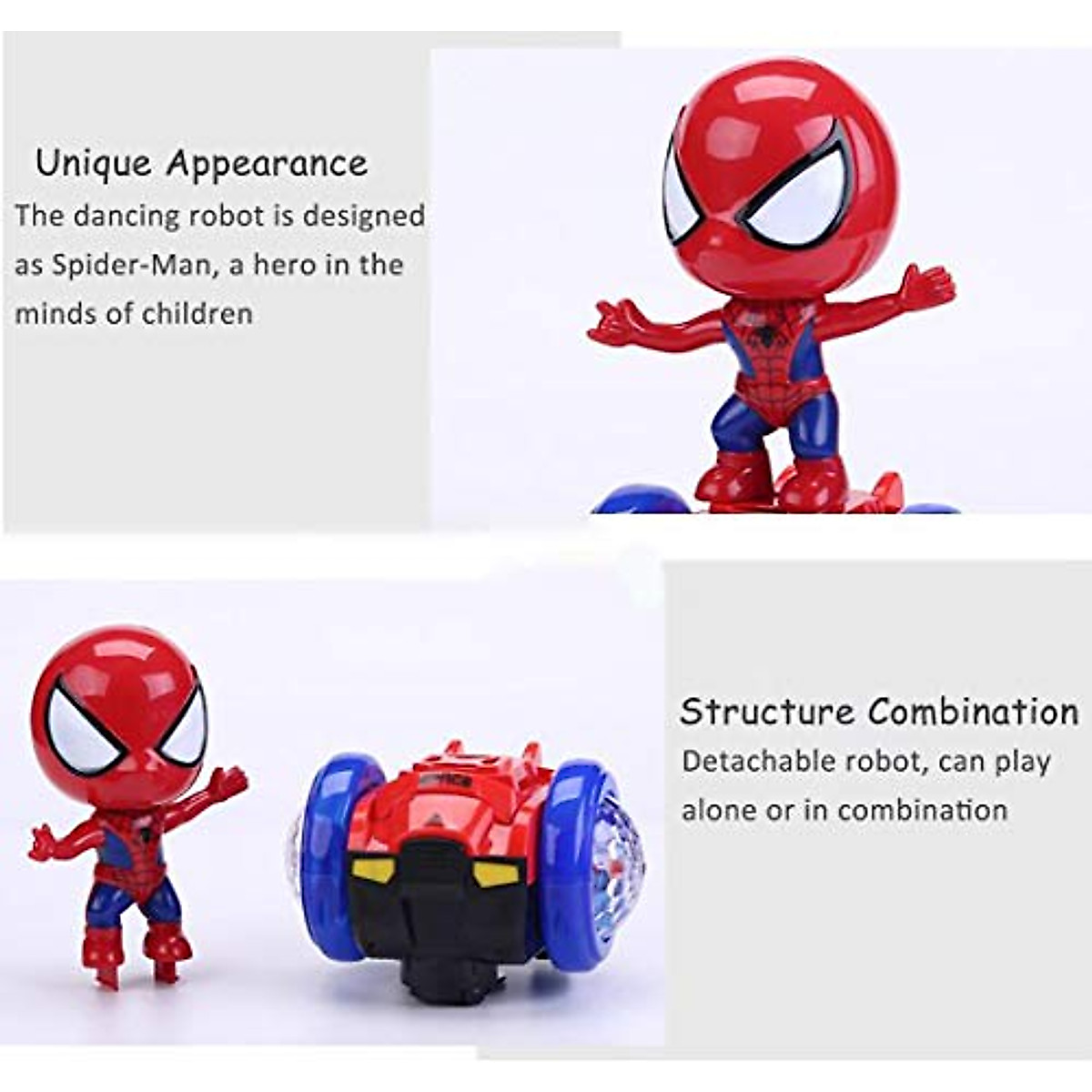 TNOIE Dancing Spider-Man Robot Toys, Spin Robot Interactive Toy Car with Colorful Flashing Lights & Music, Interactive Educational Gift Toys for 3 4 5 6 7 Year Old Boys Girls (Red)