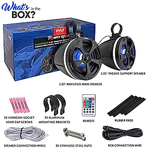 Pyle 2-Way Waterproof Off Road Speakers - 5.25" 1000W Active Passive Marine Grade Wakeboard Tower Speakers System w/ RGB Light, Full Range Outdoor Stereo Speaker for ATV/UTV Jeep Boat - PLUTV55BTR