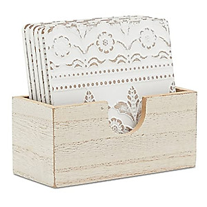 Set of 6 White Wooden Coasters with Holder for Drinks, Coffee Table, and Floral Farmhouse Decor (3.8 Inches)
