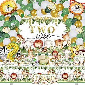 Two wild Birthday Decorations for Boys Girls, 159 Pcs Jungle Safari Theme Party Supplies for Baby - Two wild Backdrop, Cake, Cupcake Toppers, Cupcakes Wrappers, Balloons, Tablecloth, Palm Leaves,
