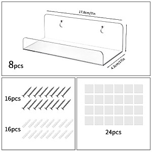 QUTHZZHY 8 Pack Acrylic Shelves for Wall Storage 7" Vinyl Record Wall Mount Shelves Vinyl Display for Bathroom Bedroom Living Room Kitchen Room Decor Clear