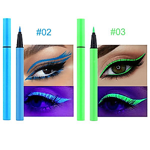 2Pcs Blue Green Neon Colorful Liquid Eyeliner Makeup Set Kit UV Glow in the Dark Bright Rainbow Colored Pigmented Graphic Liquid Eyeliner Pen Set for Body Face Paint Delineador de ojos líquido de neón