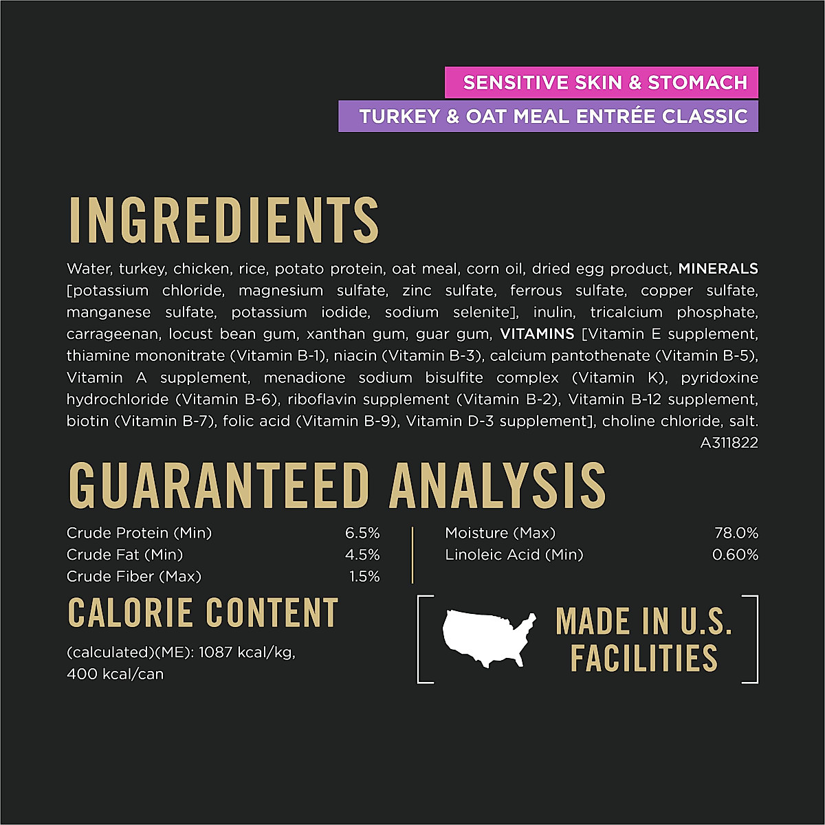 Purina Pro Plan Sensitive Skin and Stomach Dog Food Classic Pate Turkey and Oat Meal Entrée - (Pack of 12) 13 oz. Cans