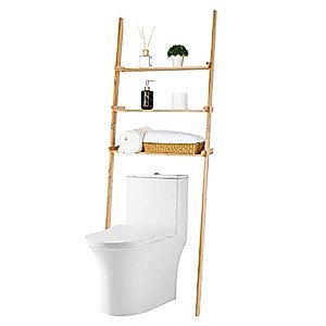 Bloddream Bathroom Organizer, 3-Tier Over The Toilet Storage Space Saver Ladder Shelf Leaning Solid Wood Storage Rack, Over-The-Toilet Storage Shelves for Bathroom, Natural Pine Wood