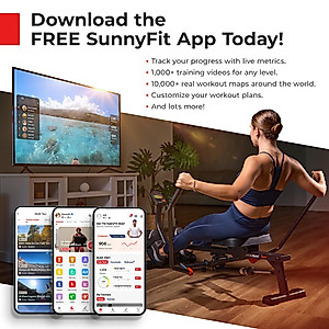 Sunny Health & Fitness Obsidian Surge Smart Water Rowing Machine with Dynamic Real-Time Resistance, Foldable 300 LB Capacity Rower with Free SunnyFit App and Extra Long Rail - SF-RW5713SMART